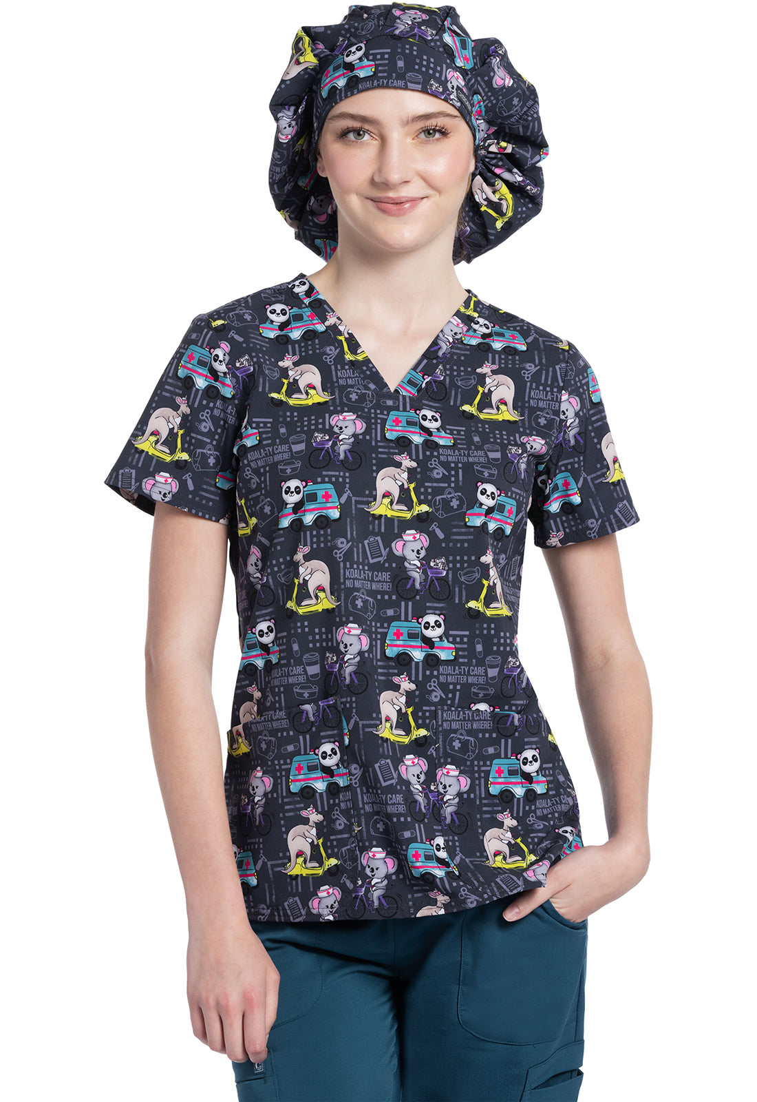 Ladies On The Go Care Print Scrub Top | The Scrub Store
