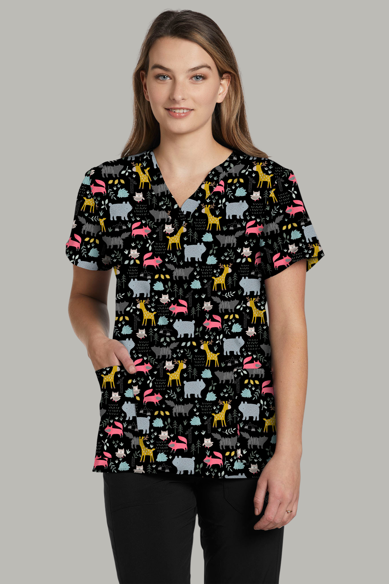 Ladies Animal Party Print Scrub Top | The Scrub Store